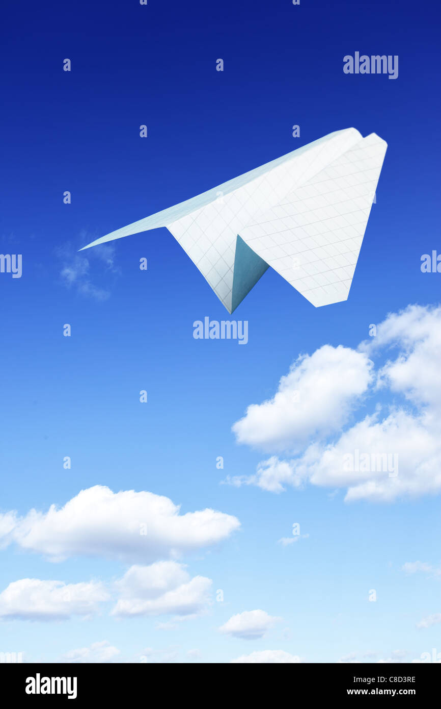 Paper plane taking off. Sky and clouds in the background Stock Photo ...
