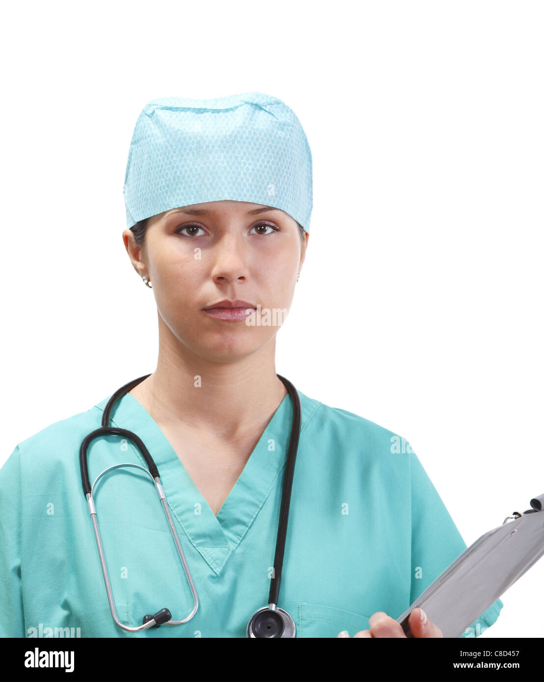 Nurse with stethoscope and notepad isolated against a white background ...