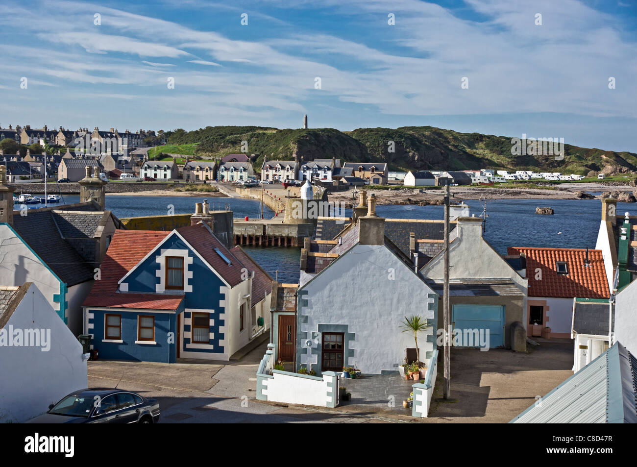 Housing surrounding the the harbour in old fishing village of Findochty ...