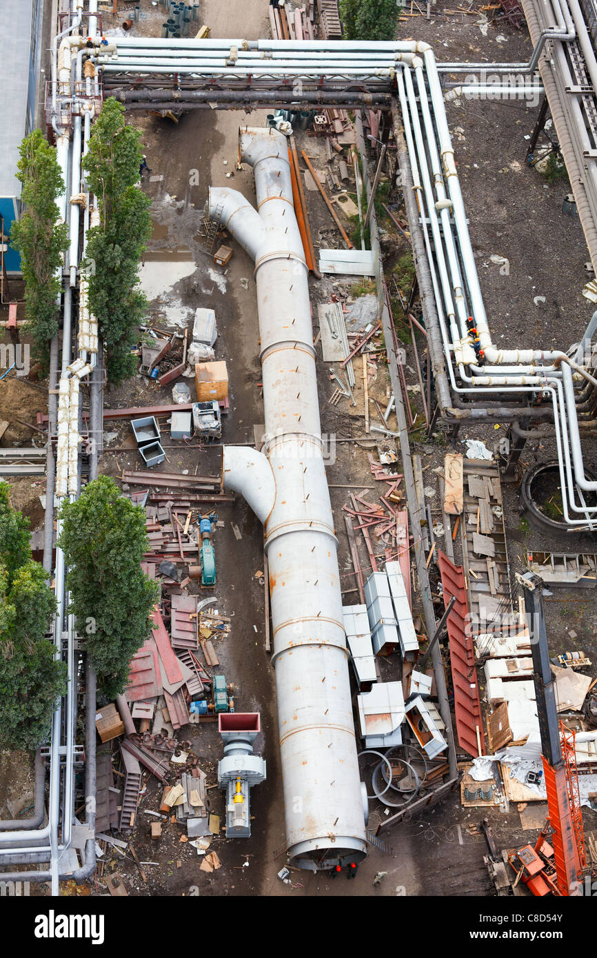 Above-ground gas, oil and heat pipes rack in factory area. Aerial view ...