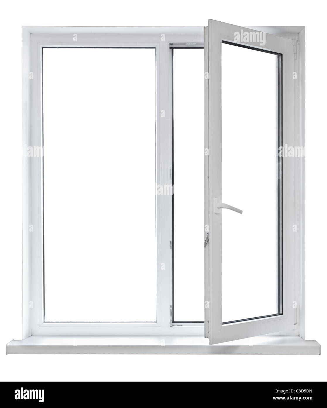 White plastic double door window isolated on white background. Opened ...