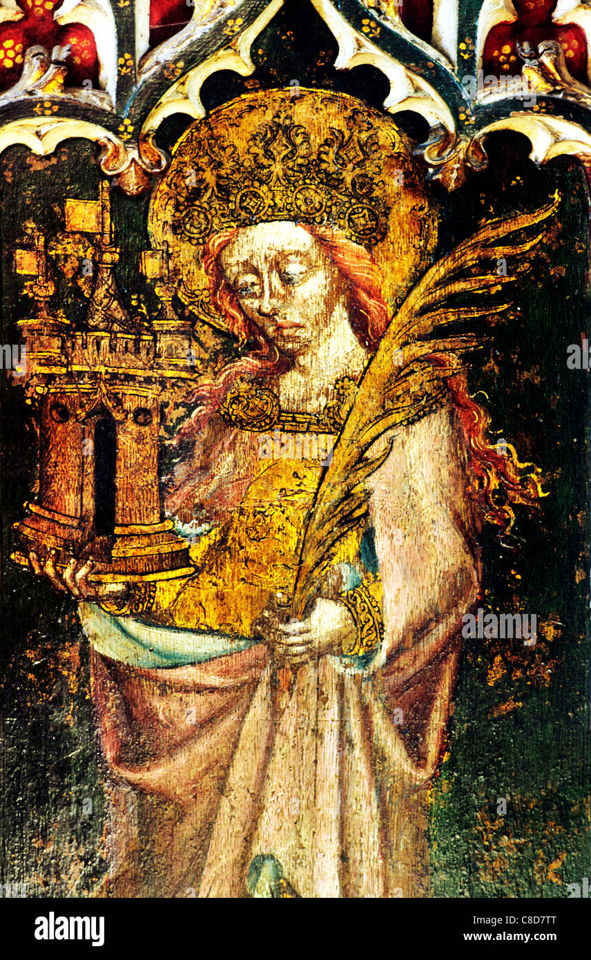 Filby, Norfolk, rood screen. St. Barbara with castle tower and palm ...