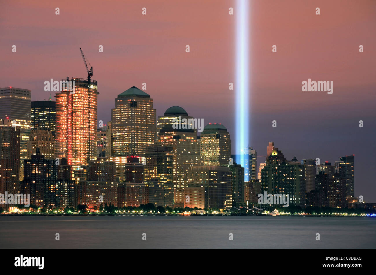 View of Ground Zero memorial lights in NYC Stock Photo - Alamy