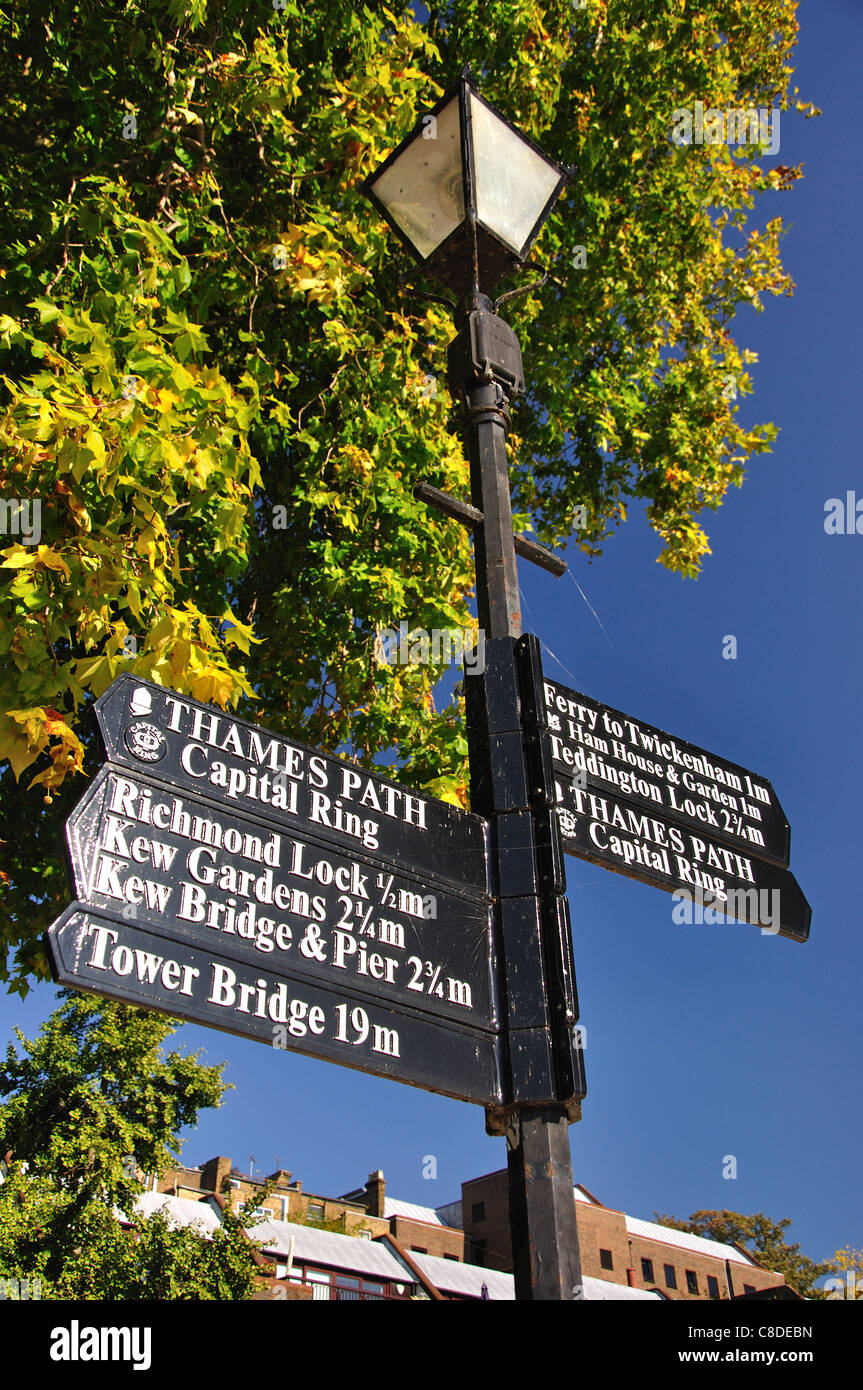 Sign post on Thames Riverside path, Richmond, Richmond upon Thames ...
