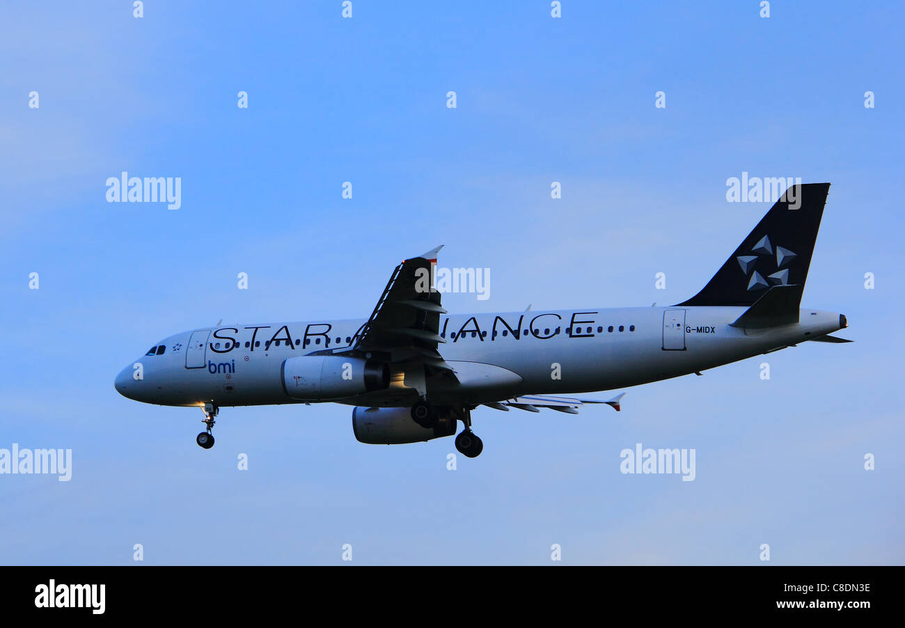 Star Alliance (BMI) Airways plane coming in to land at Heathrow airport ...