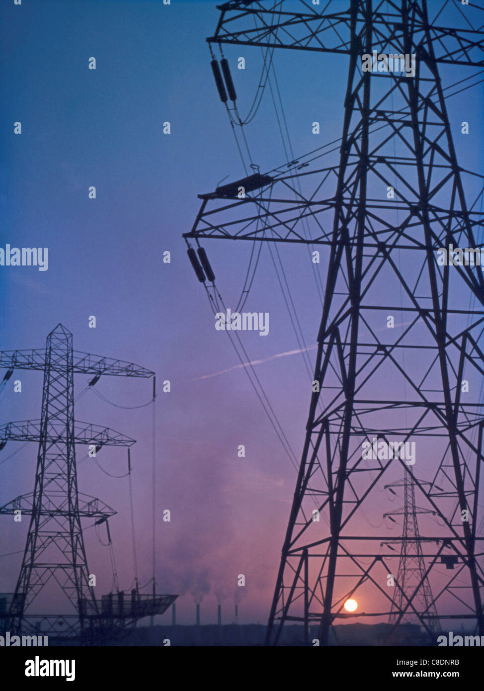 440kV electricity pylons near Thurrock Power Station, Essex UK at ...