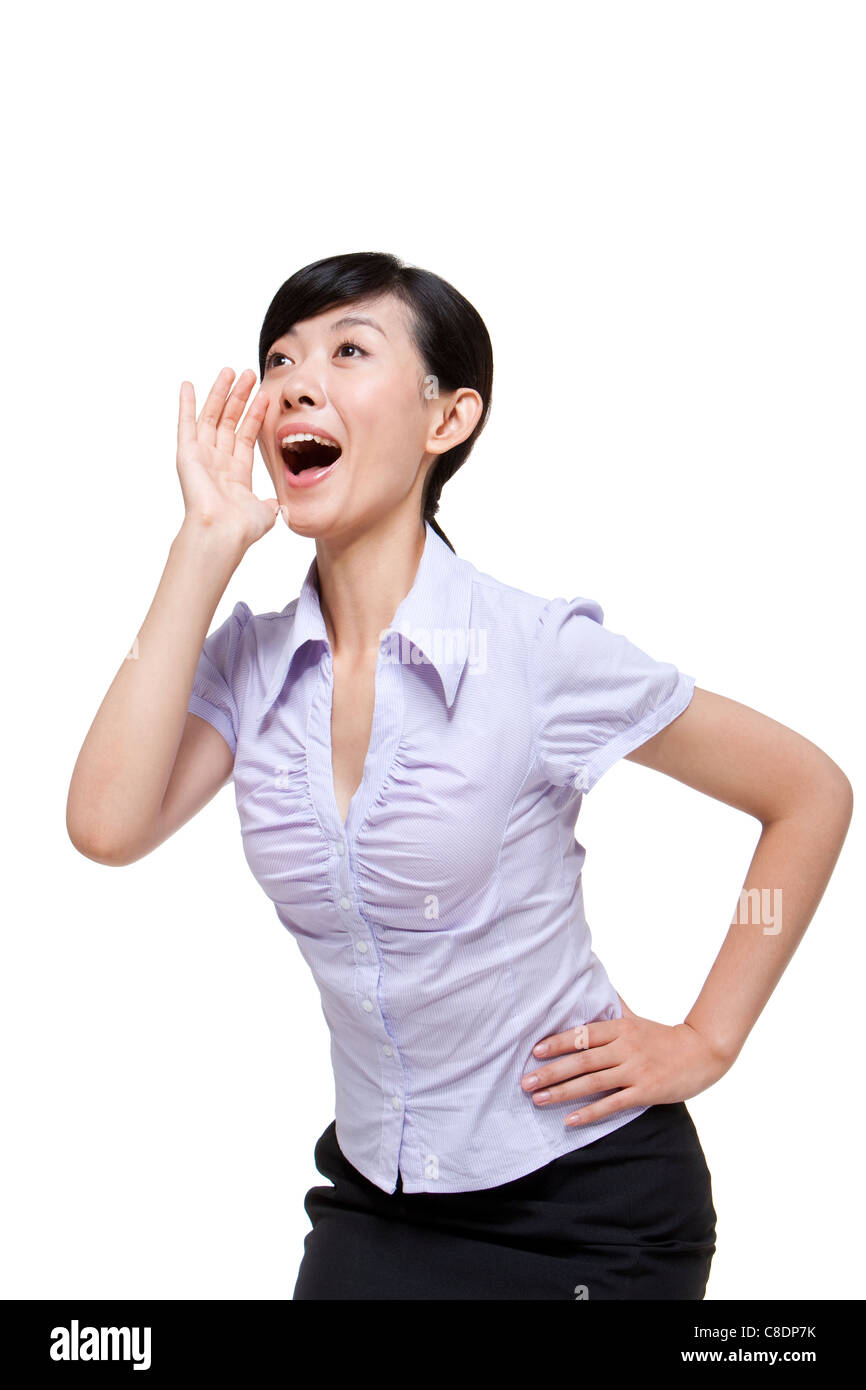 Standing hand raised smiling communication looking away authority hi ...