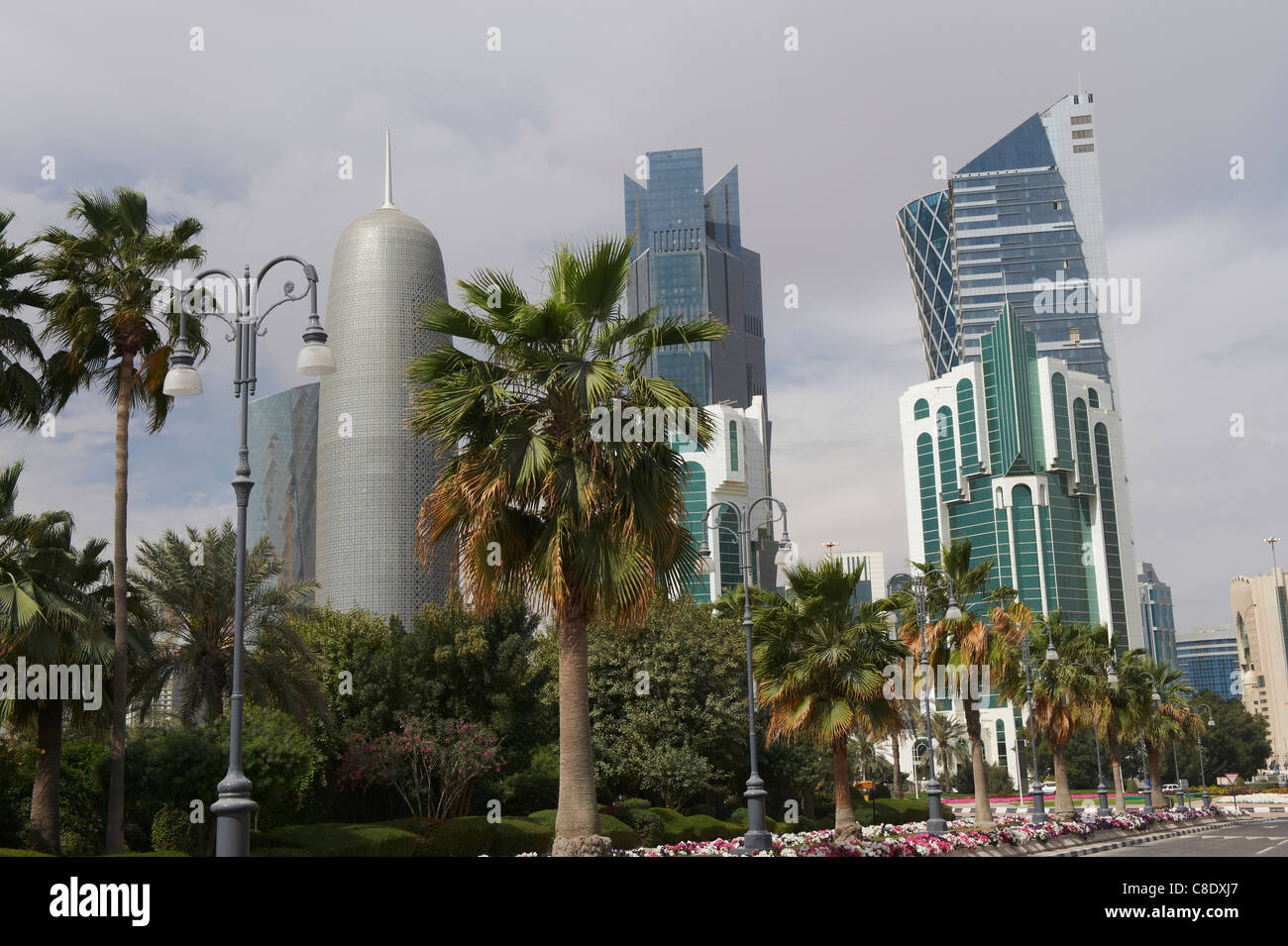 palm trees greenery in front of skyscrapers new buildings city center ...