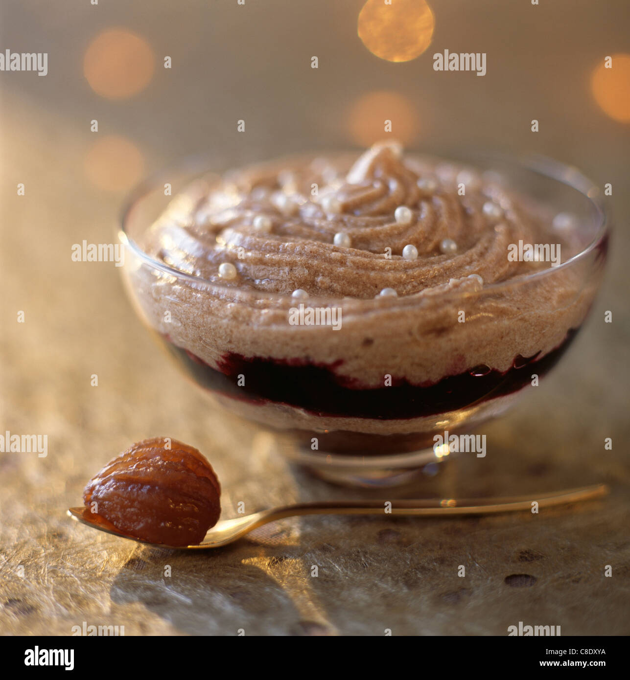 Whipped chestnut cream,blackcurrant and chocolate dessert Stock Photo ...