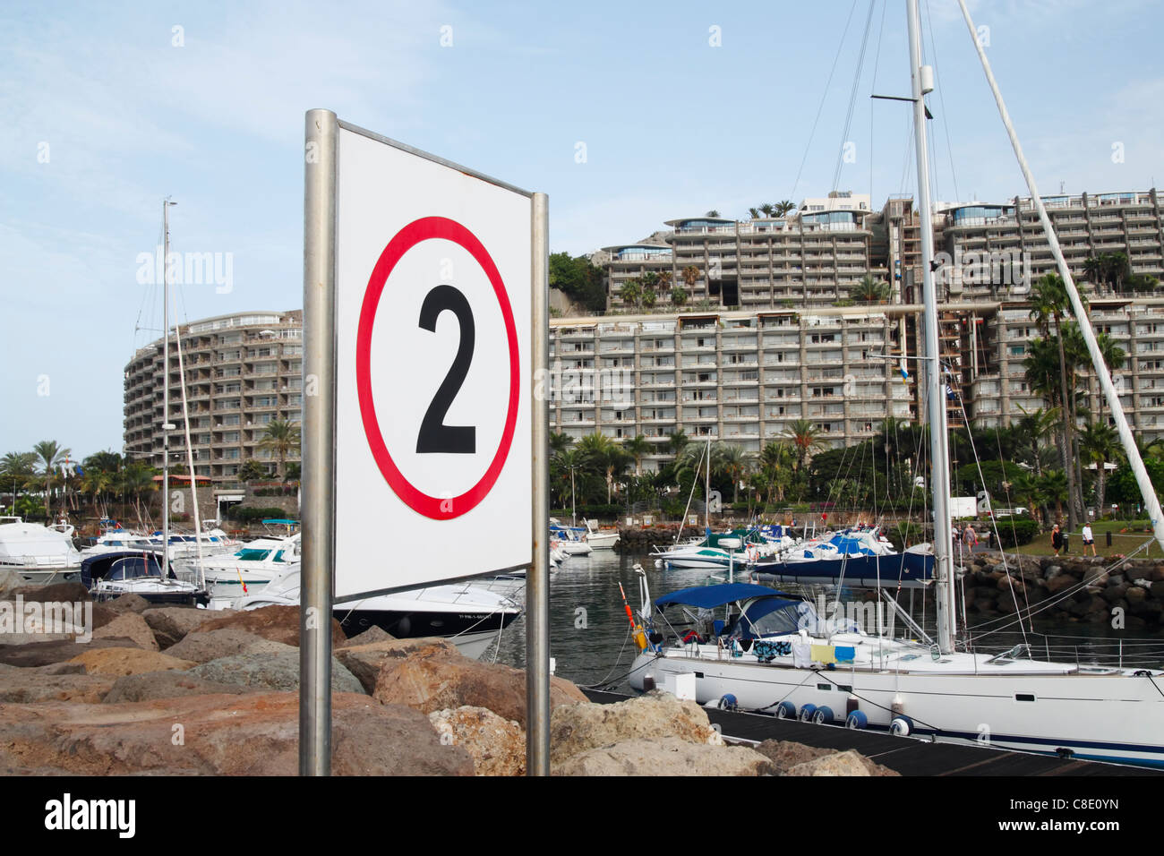 Low speed limit sign for yachts/boats entering marina at Anfi Del Mar ...