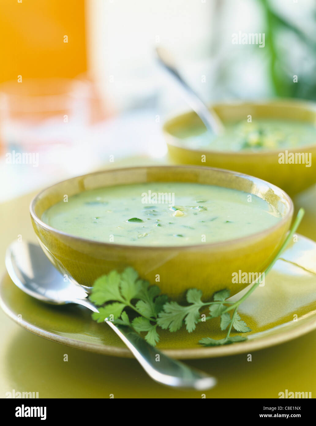 Cream of zucchini and coriander soup Stock Photo - Alamy