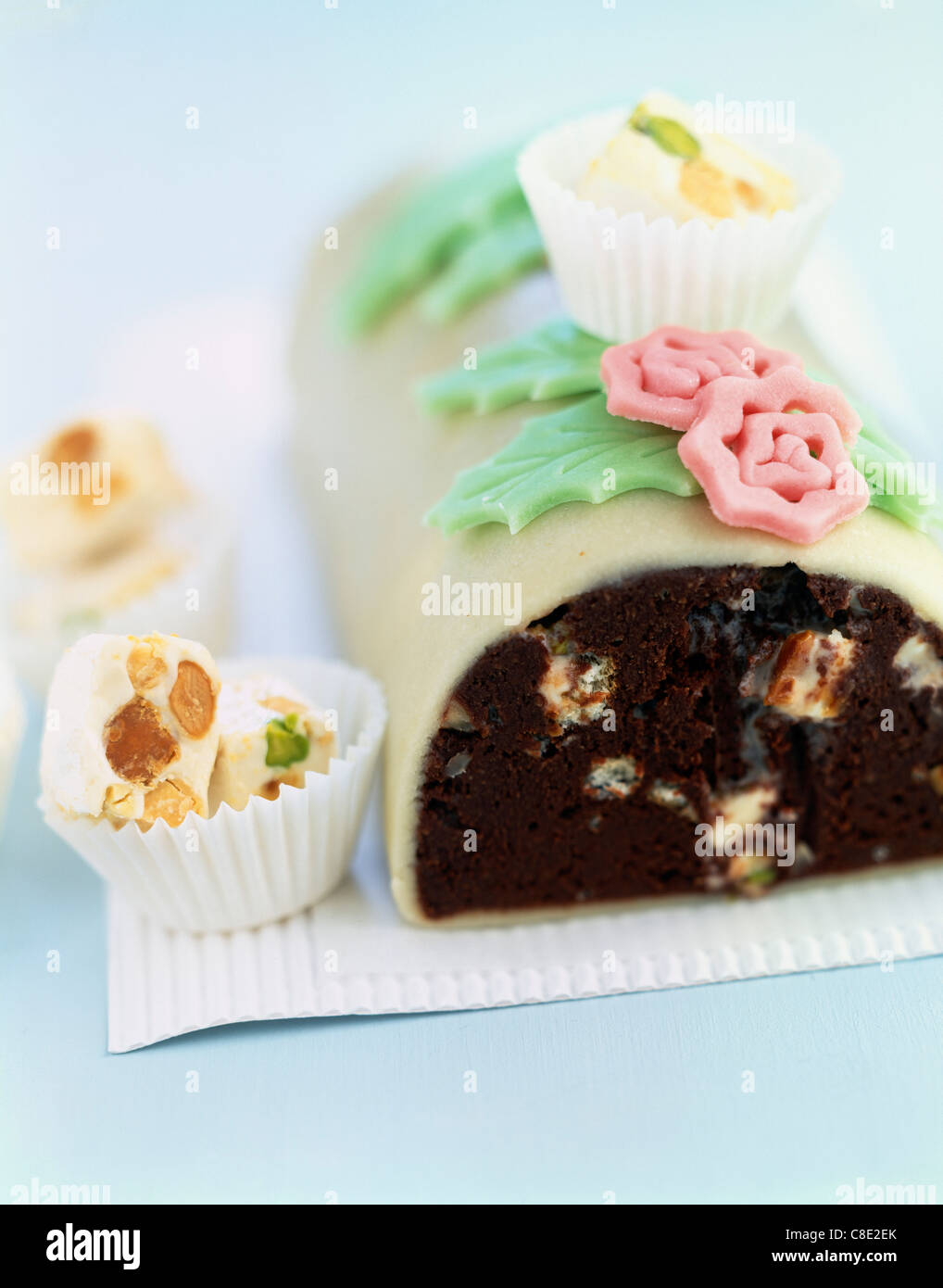 Chocolate and nougat log cake Stock Photo - Alamy