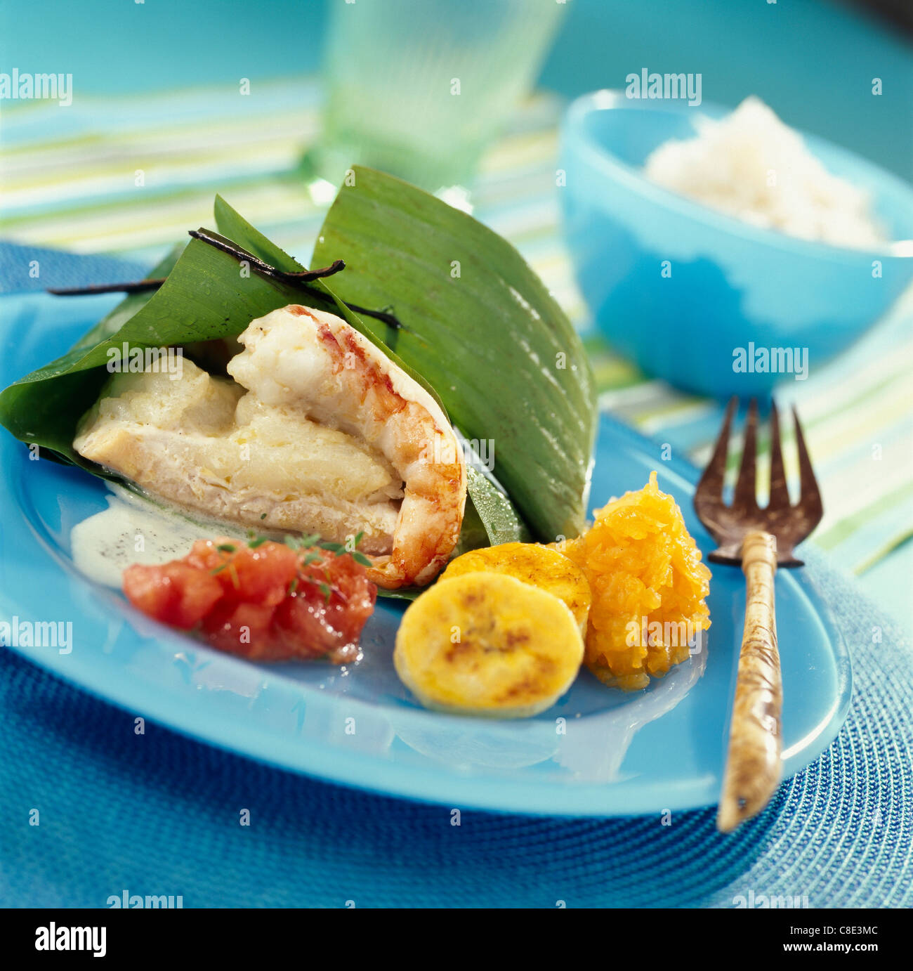 Mixed seafood and fish cooked in a vanilla-flavored banana leaf Stock ...