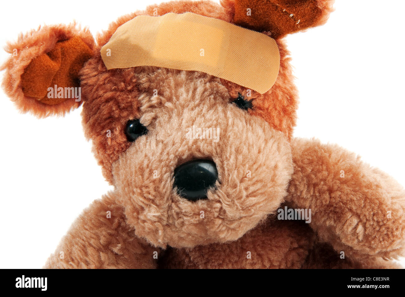 Cute little teddy bear with plaster on his head over a white background ...