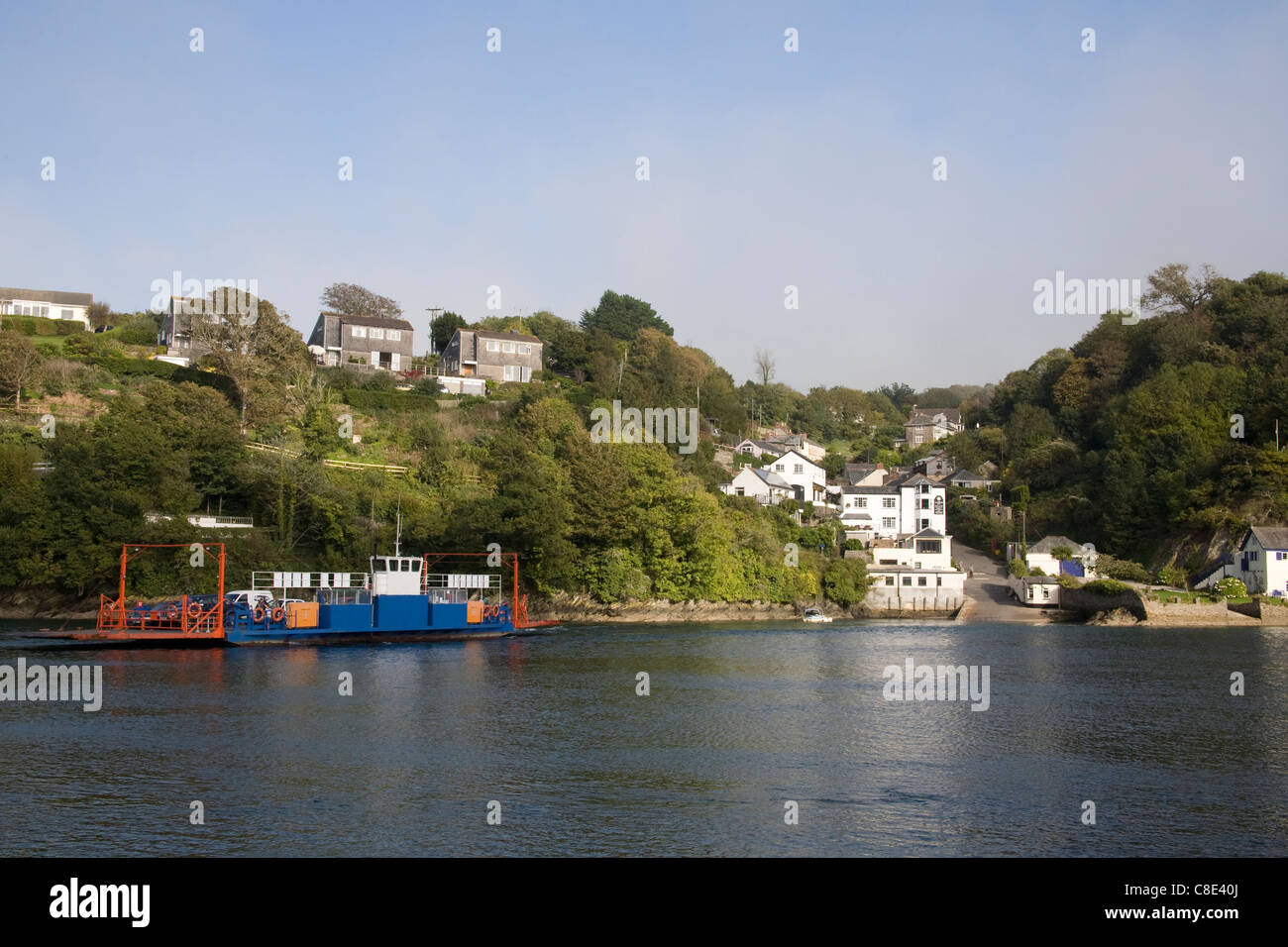 Bodinnick Cornwall England UK Car ferry arriving at terminal alongside ...