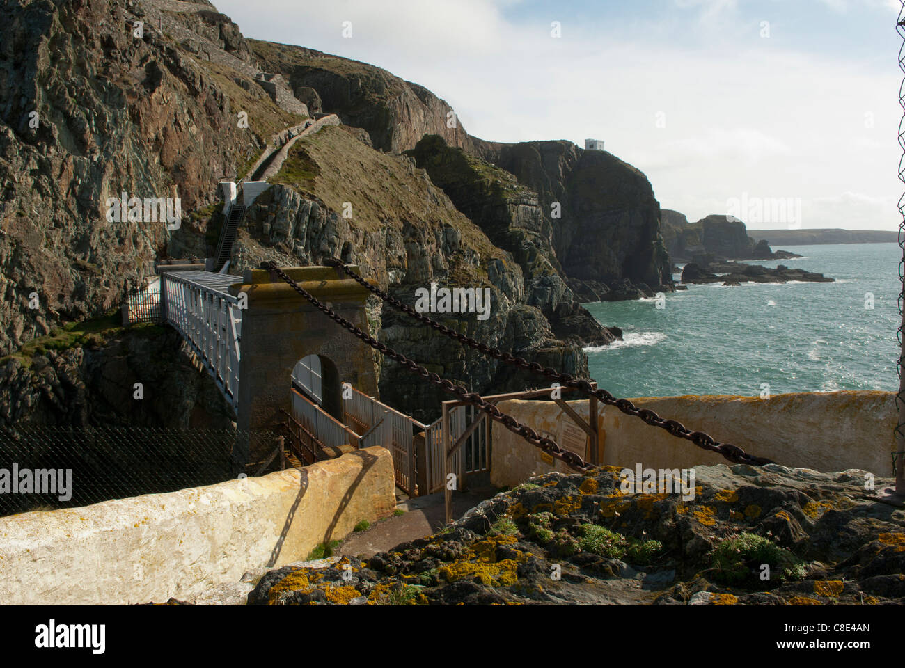 Cliff path and bridge to South Stack Lighthouse, Anglesey, Wales Stock ...