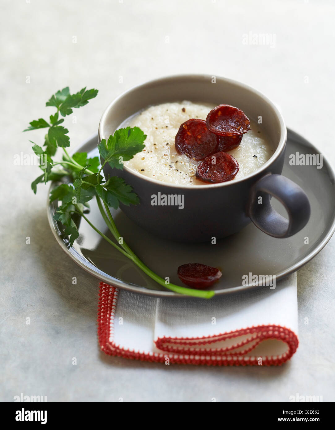 Cold cream of white haricot beans soup with Chorizo Stock Photo - Alamy