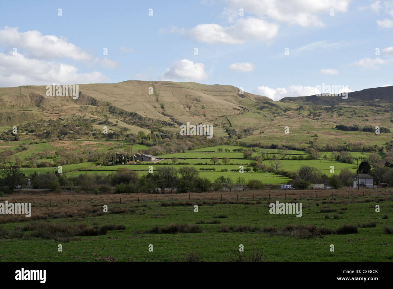 A landscape view of Mam Tor from Edale in the Peak District, national ...