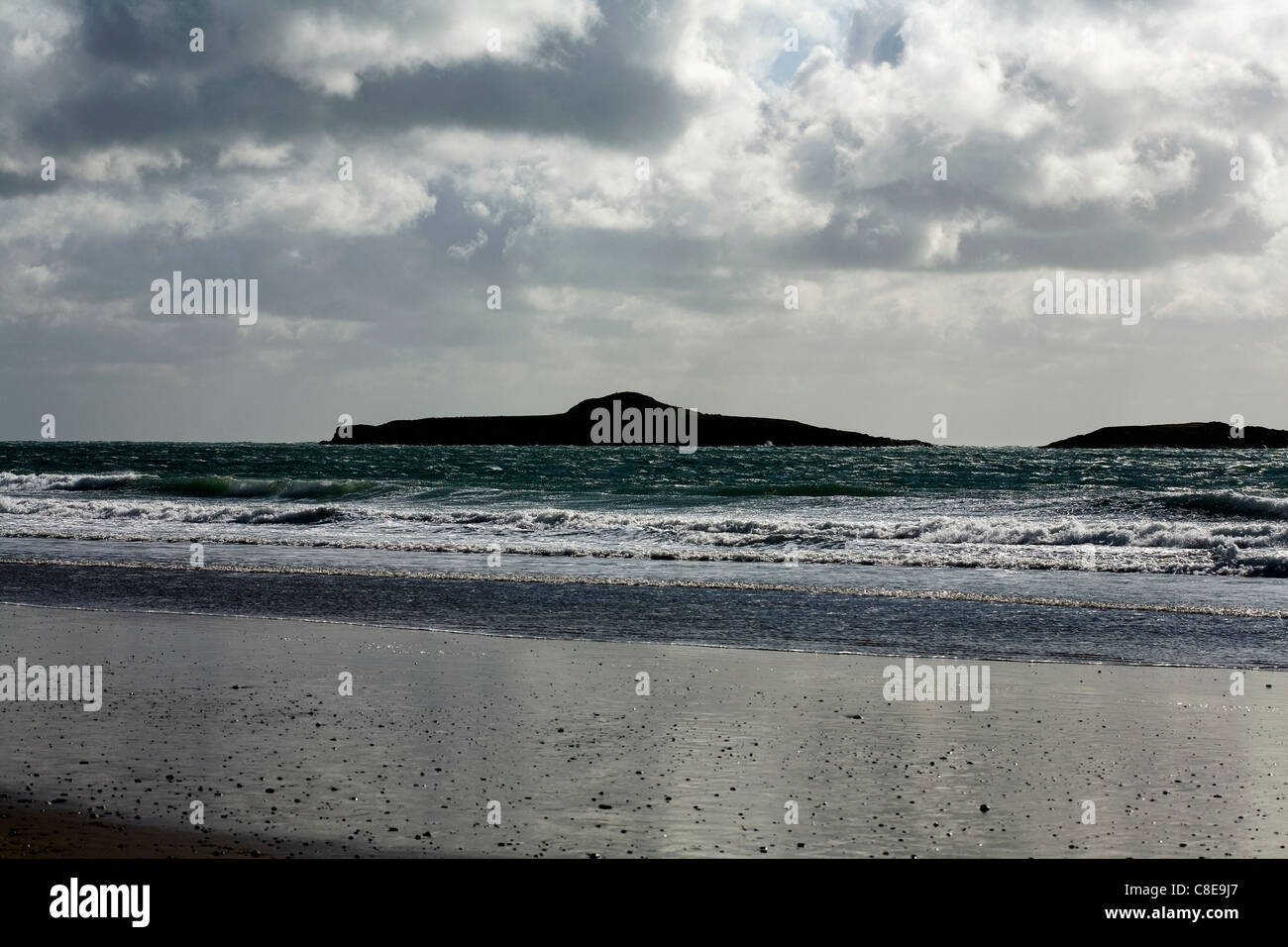 Ynys Gwylan-fawr and Ynys Gwylan-bach from the beach at Aberdaron LLeyn ...
