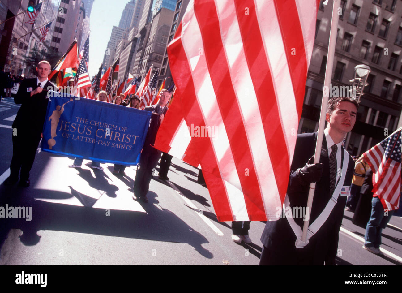 Mormons doing their missionary work in New York march in the Columbus ...