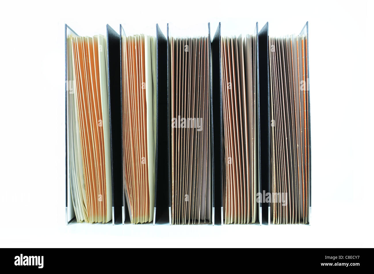 Various black colored office binders with important documents on white ...