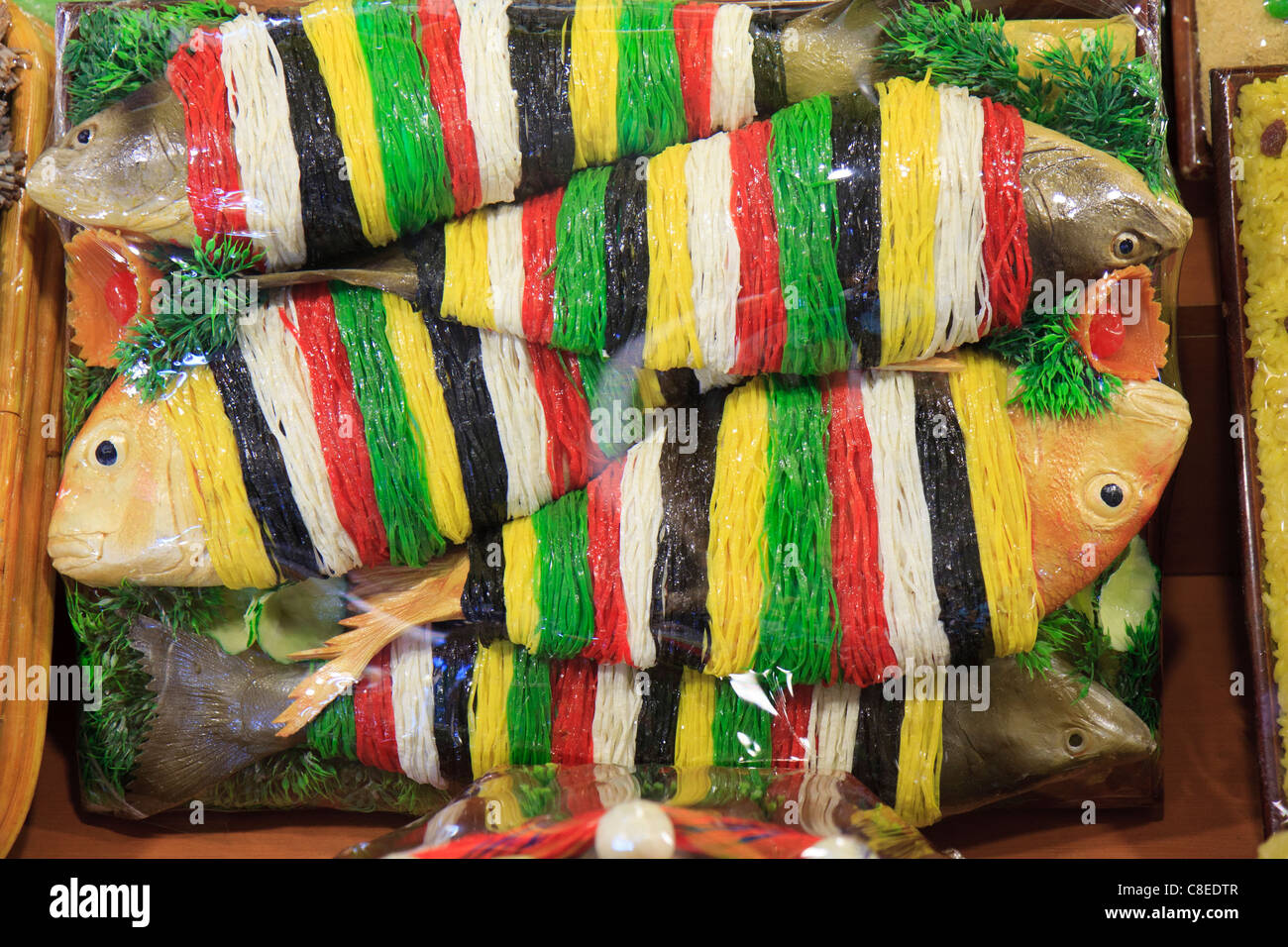 Five-colored noodle-wrapped steamed fish Stock Photo - Alamy