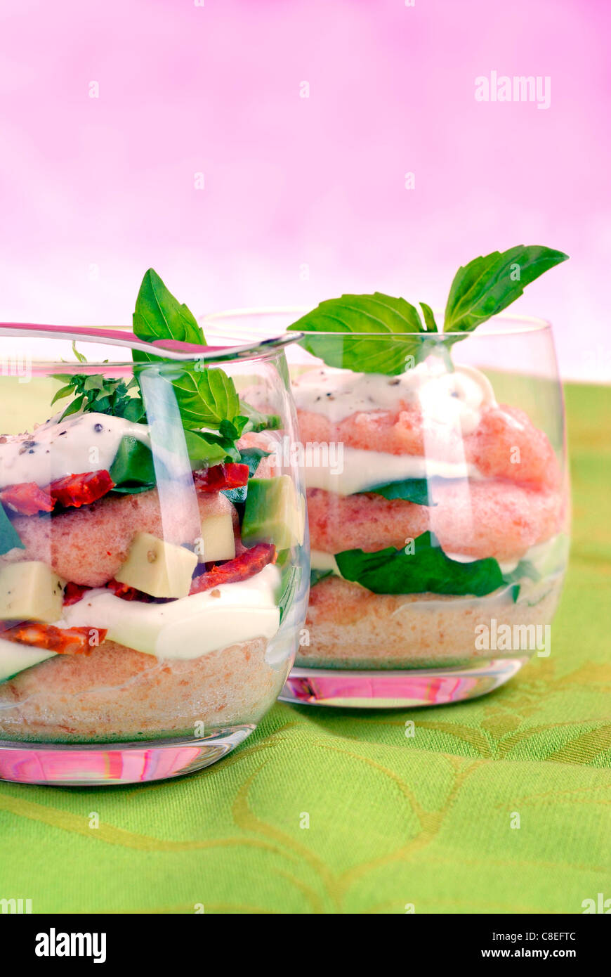 Tomato mousse,Chorizo,avocado and basil Verrine Stock Photo - Alamy