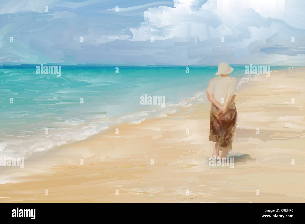 Painting of a woman wandering along a tropical beach Stock Photo - Alamy