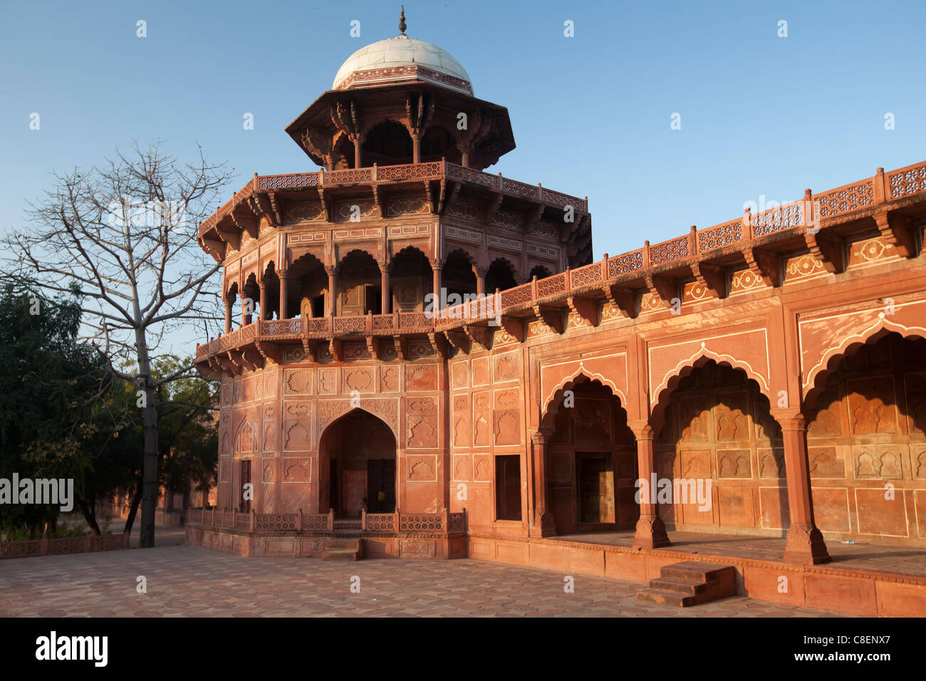 The Taj Mahal Mosque red sandstone and white marble dome at dawn, Uttar ...