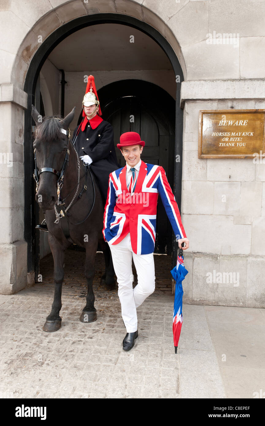 Union Jack man with Household Cavalry guard Stock Photo - Alamy