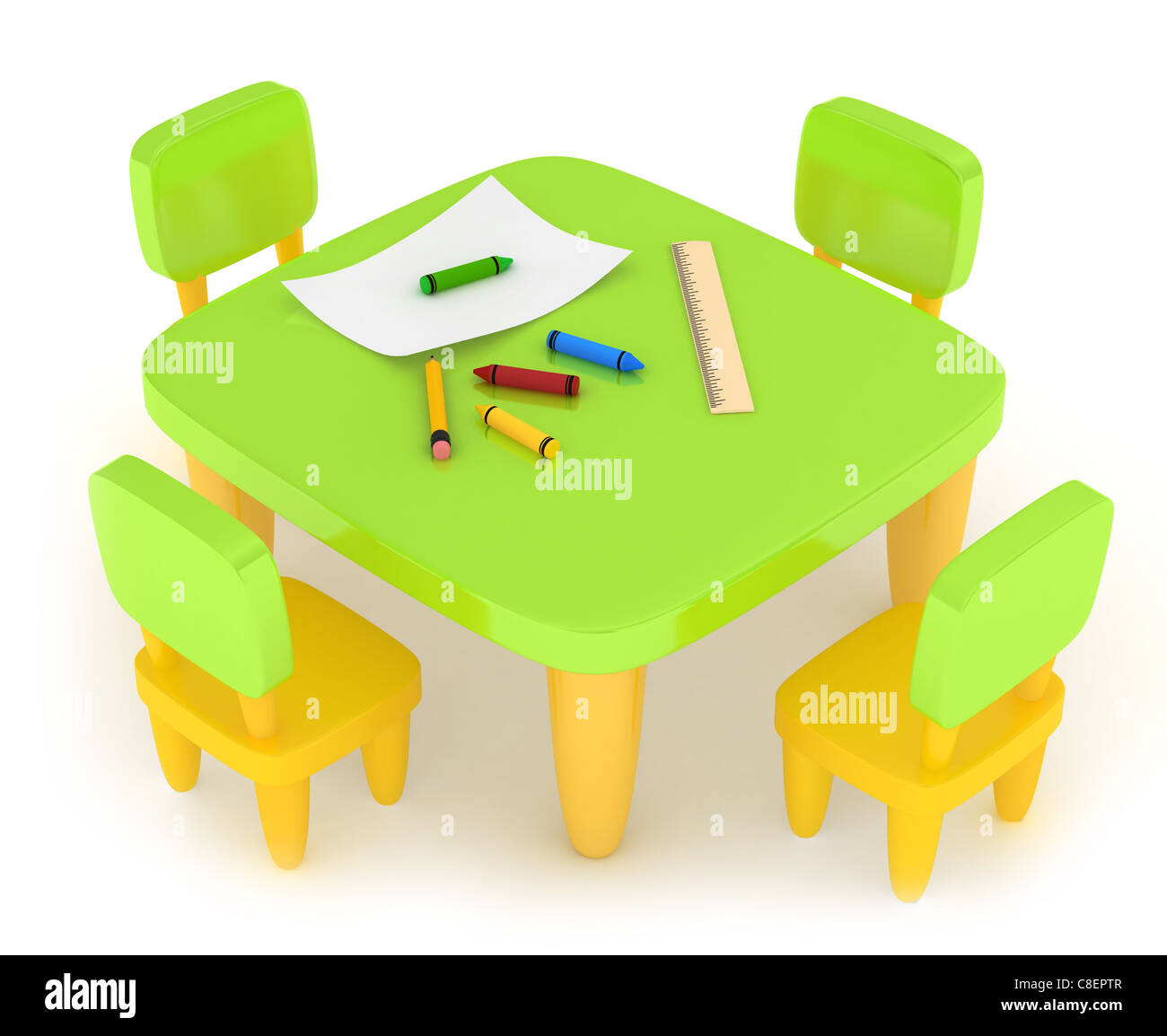 3D Illustration of a Kiddie Table with Drawing Materials on it Stock ...