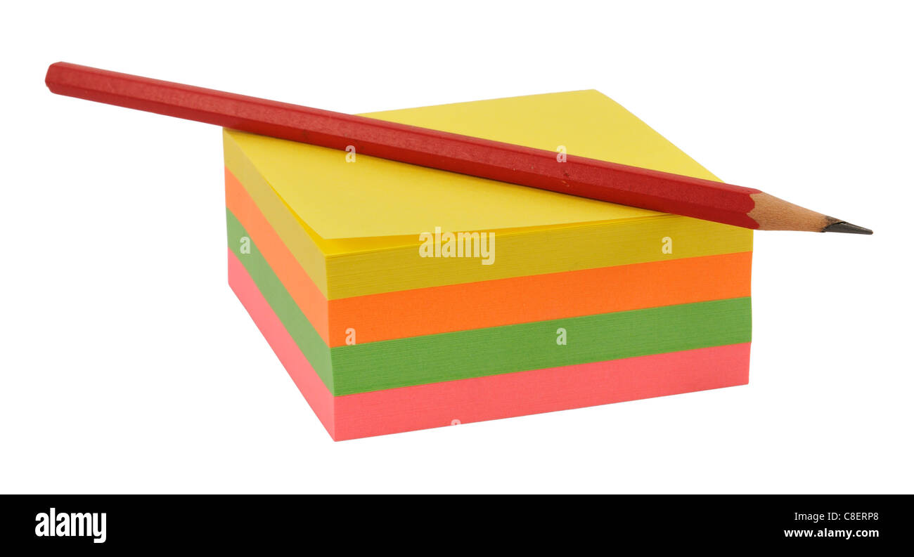 Pad of colored sticky notes with pencil, isolated on white Stock Photo ...