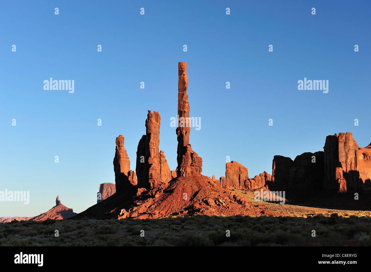 Desert scenery, sunset, Totem pole, Navajo, rock, Indian Reservation ...