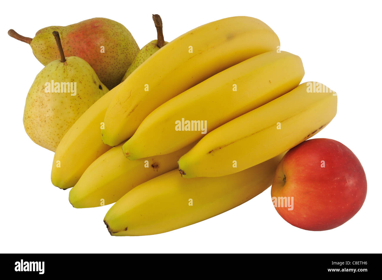 Ten natural fruits (bananas, pears, apple) isolated on white Stock ...