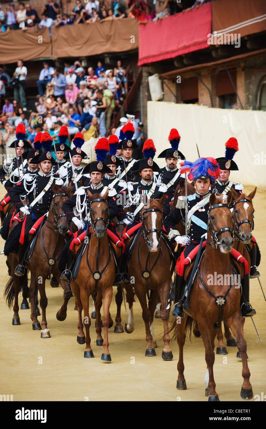 Horses and guards parading at El Palio horse race festival, Piazza del ...