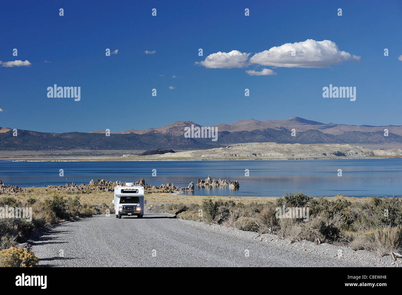 RV, Camper, driving, RV, road, from Mono Lake, South Tufa, near Lee ...