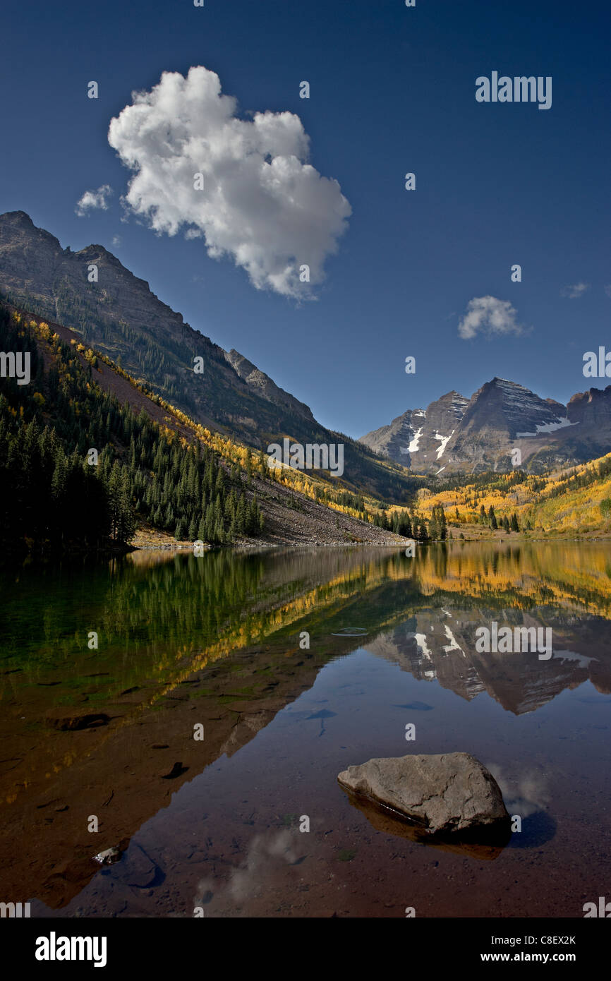 Maroon Bells reflected in Maroon Lake with fall color, White River ...