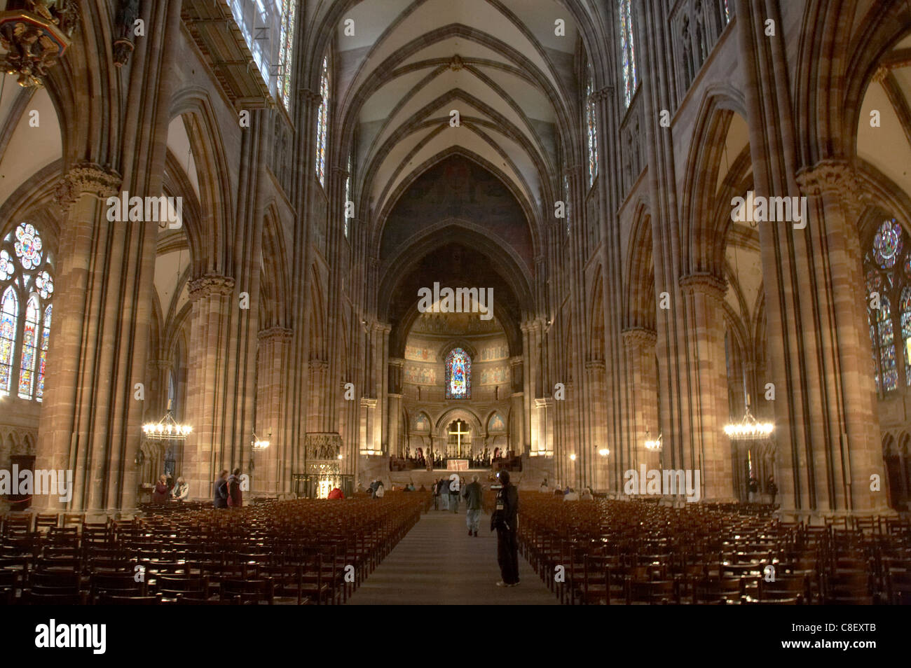 Nave of Notre-Dame gothic cathedral built in red sandstone, UNESCO ...