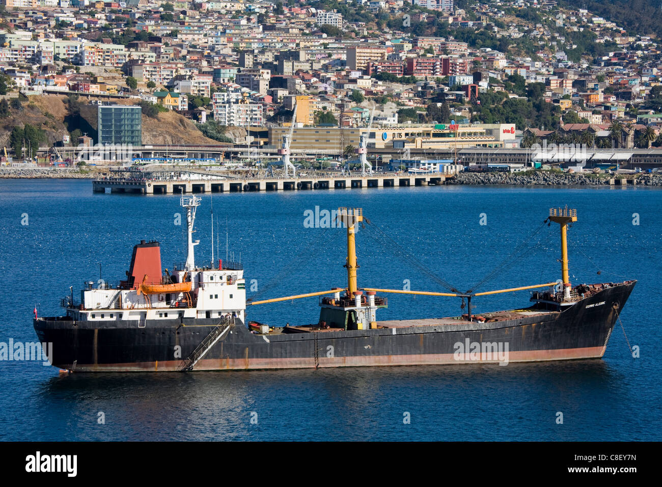 Cargo ship at anchor in Valparaiso, Chile Stock Photo - Alamy