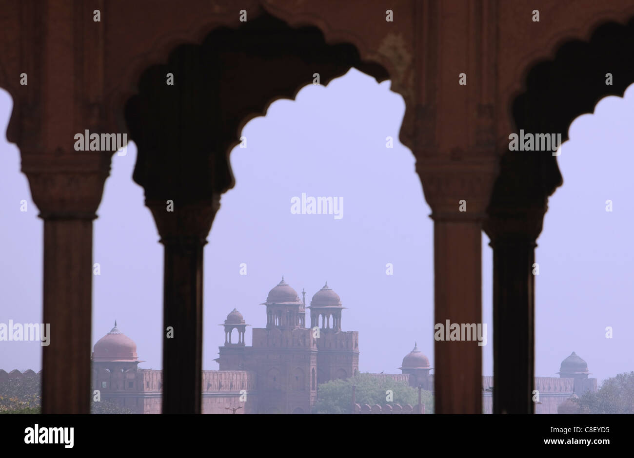 Red Fort from arches of Jami Masjid mosque, Old Delhi, India Stock ...
