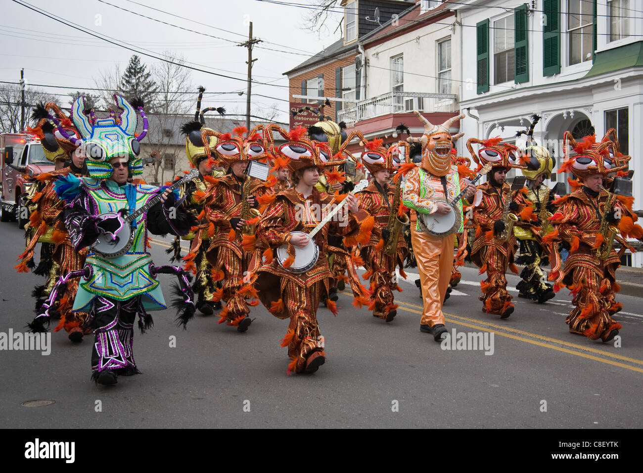 Mummers marching in the Winter Festival parade in New Hope Pennsylvania ...
