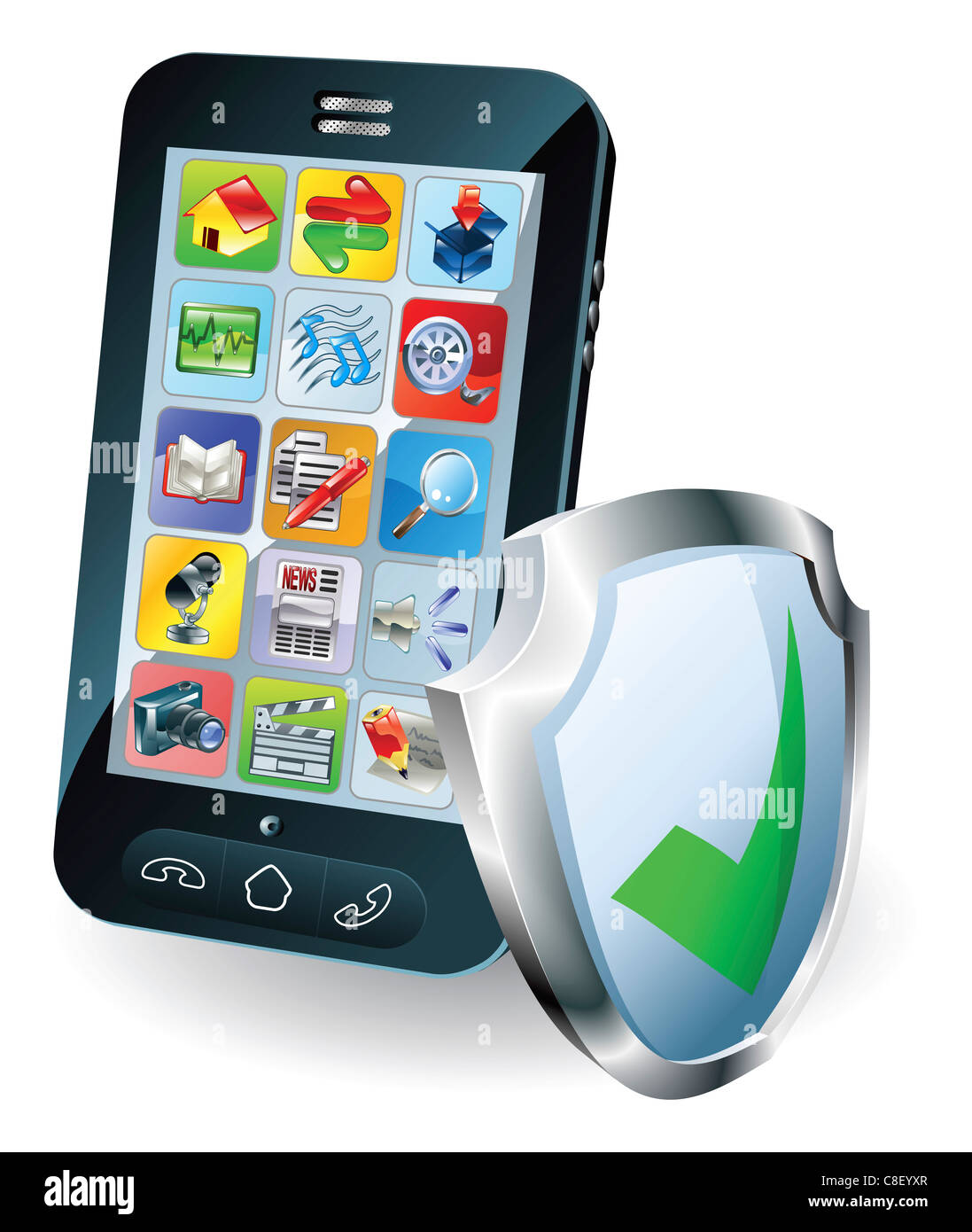 Mobile phone with shield tick icon indicating it is protected, safe ...