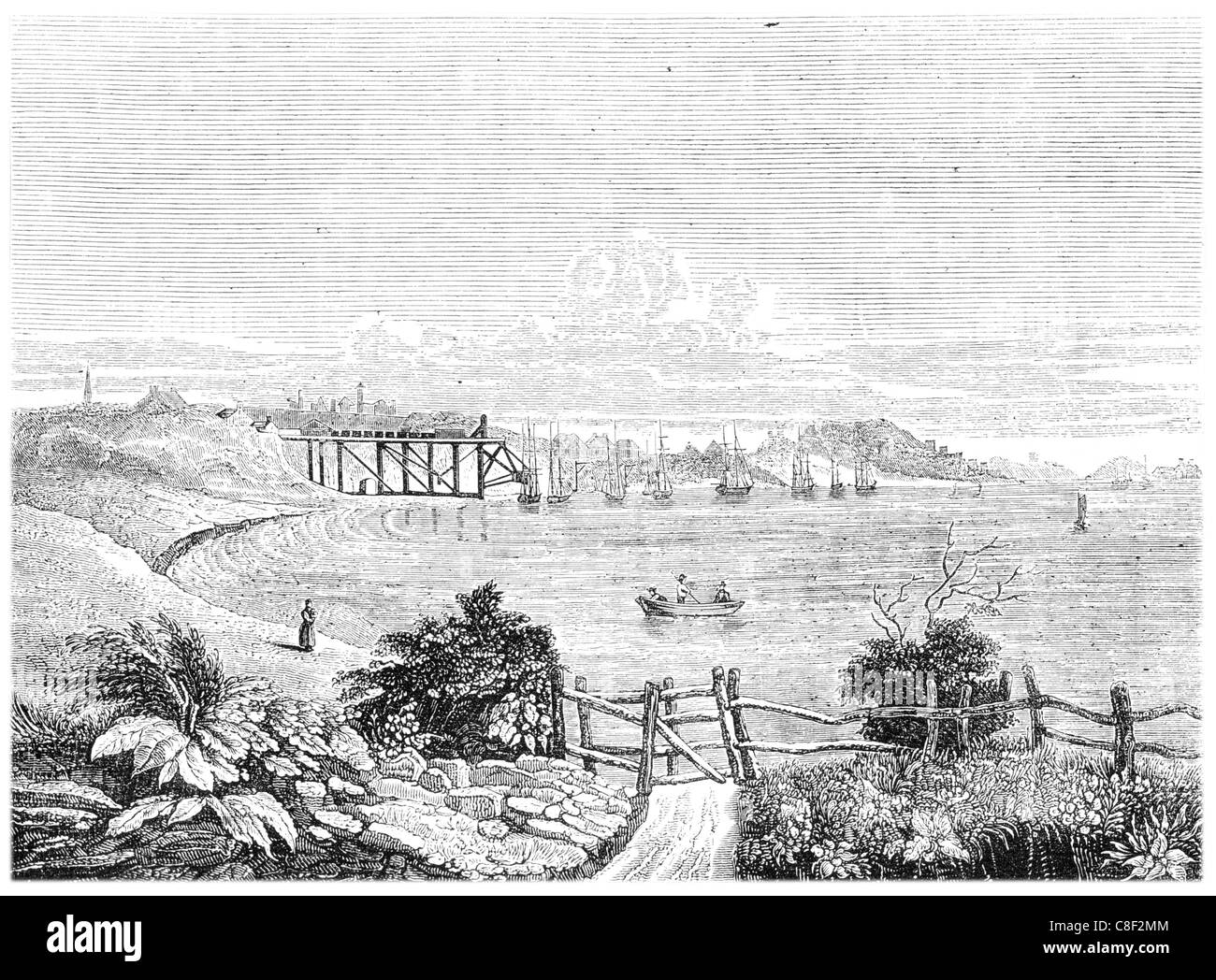 view on the River Tyne showing the mode of shipping coal by the Staith ...