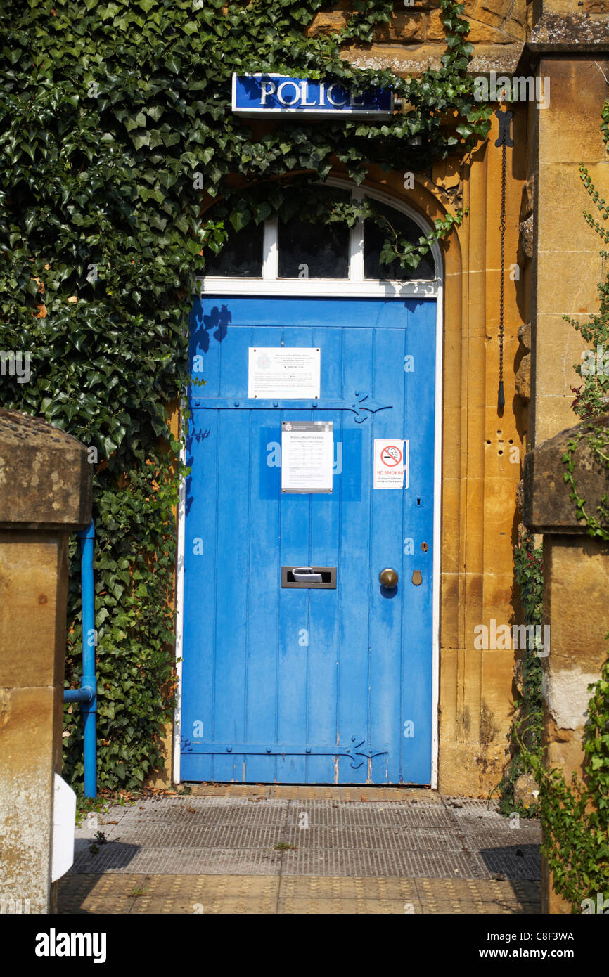 Entrance blue door to the old police station at Moreton in Marsh in the ...