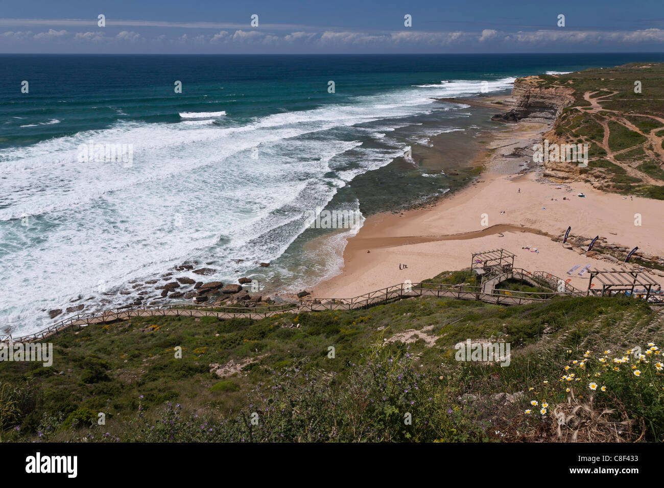 Ericeira, beach and west coastal view north with rolling surf Stock ...