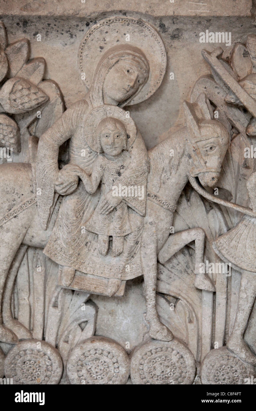 Romanesque bas-relief of the Flight into Egypt, capital of Saint-Lazare ...