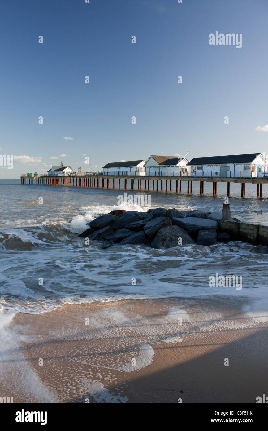 The pier, beach, and sea at Southwold on the Suffolk Coast, England ...