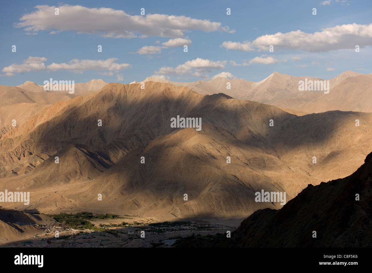 Shadow dappled mountains in the Indus Valley, seen from Hemis Gompa ...