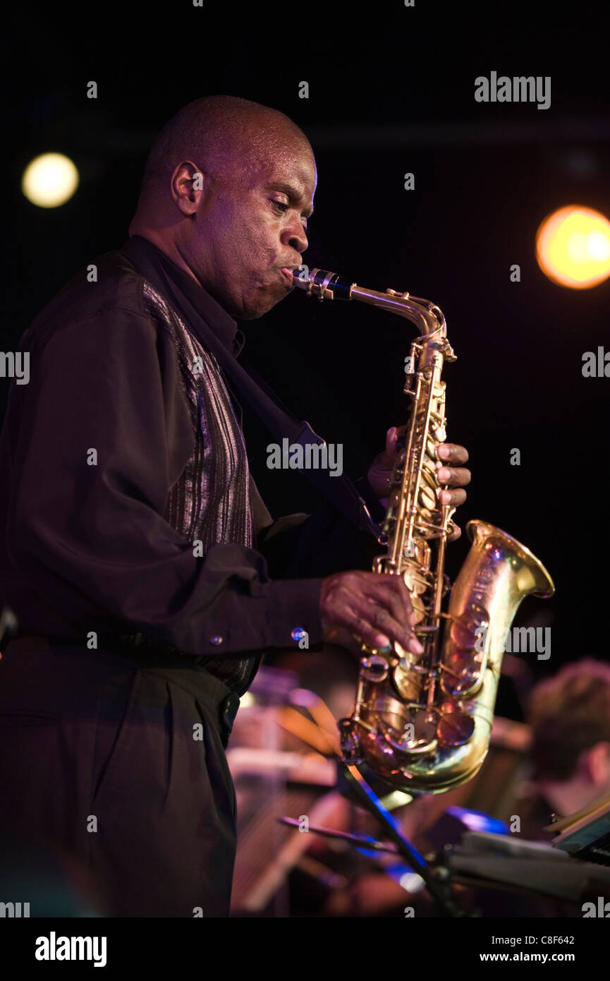Maceo Parker playing on stage with the BBC Big Band at Brecon Jazz ...