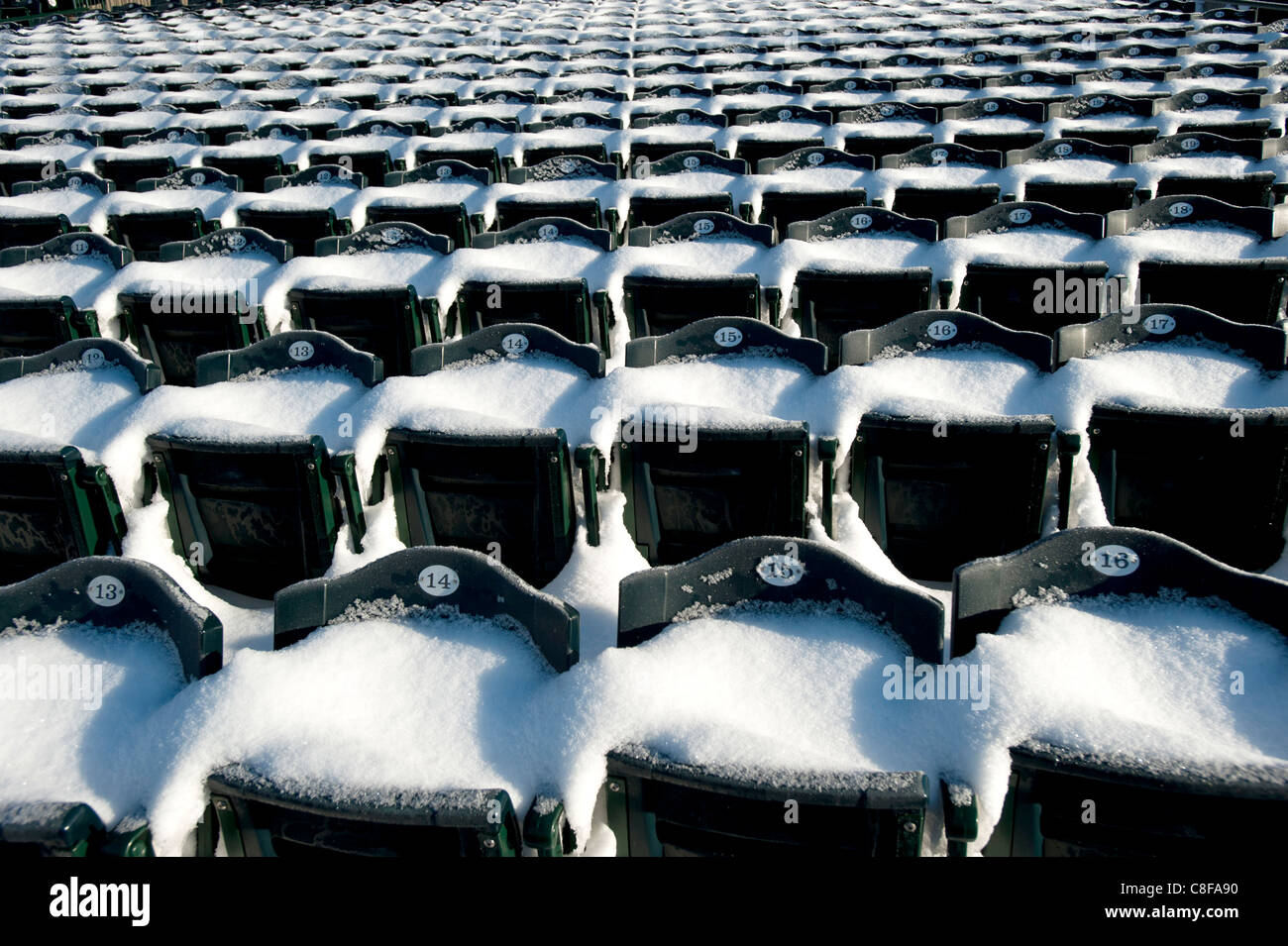 Snow covered seats in a baseball stadium Stock Photo - Alamy
